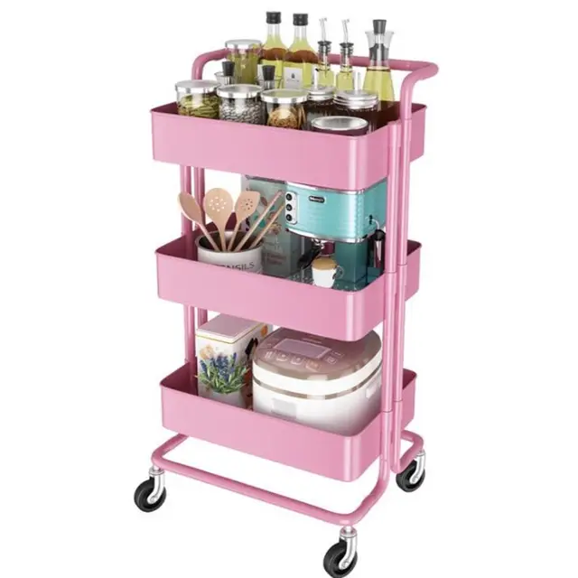 Utility Cart On Wheels 3-Tier Rolling Utility Rack With Mesh Basket ...